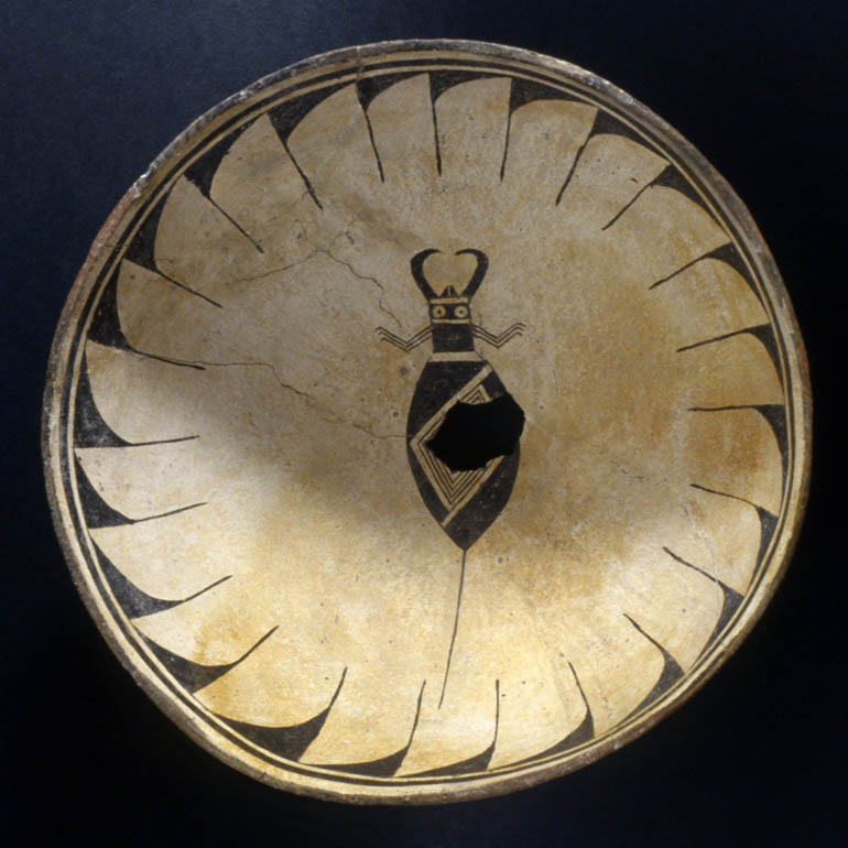Mimbres bowl, black on white, with stylized, naturalistic motifs ...